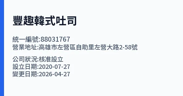 豐趣韓式吐司的照片-統編 88031767(高雄市) 公司登記資料與營業項目詳細圖表