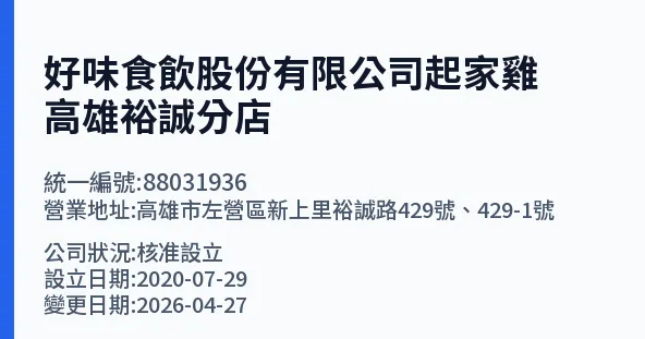 好味食飲股份有限公司起家雞高雄裕誠分店的照片-統編 88031936(高雄市) 公司登記資料與營業項目詳細圖表