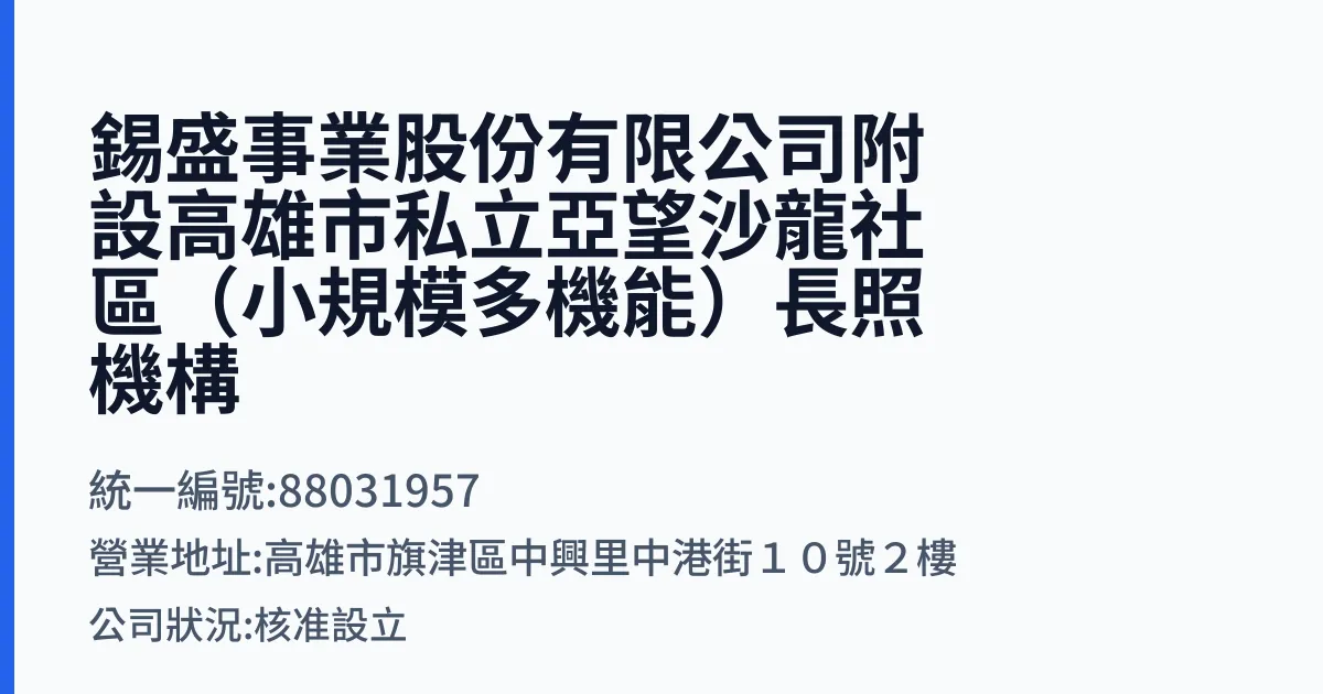 錫盛事業股份有限公司附設高雄市私立亞望沙龍社區(小規模多機能)長照機構 - 統編 88031957(高雄市) 公司登記資料與營業項目詳細圖表