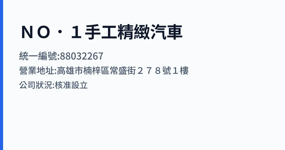 ＮＯ．１手工精緻汽車 - 統編 88032267(高雄市) 公司登記資料與營業項目詳細圖表