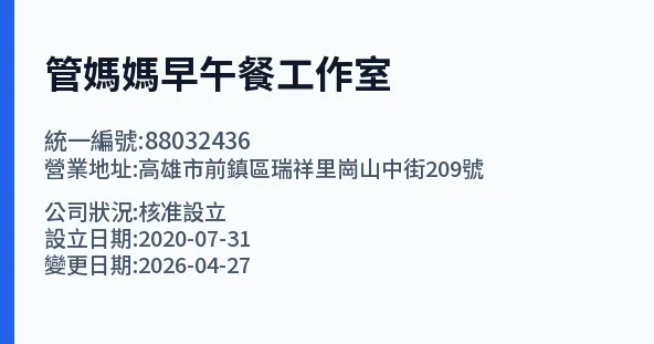 管媽媽早午餐工作室的照片-統編 88032436(高雄市) 公司登記資料與營業項目詳細圖表