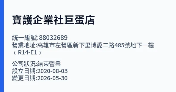 寶護企業社巨蛋店的照片-統編 88032689(高雄市) 公司登記資料與營業項目詳細圖表