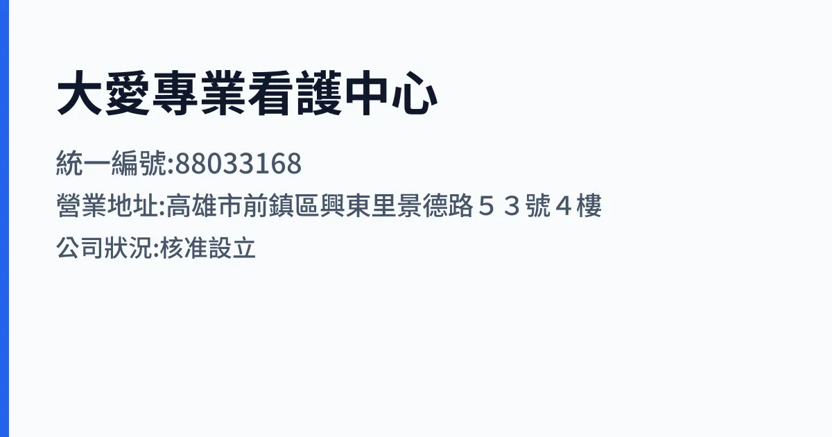 大愛專業看護中心 - 統編 88033168(高雄市) 公司登記資料與營業項目詳細圖表