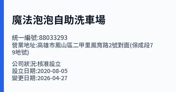 魔法泡泡自助洗車場的照片-統編 88033293(高雄市) 公司登記資料與營業項目詳細圖表