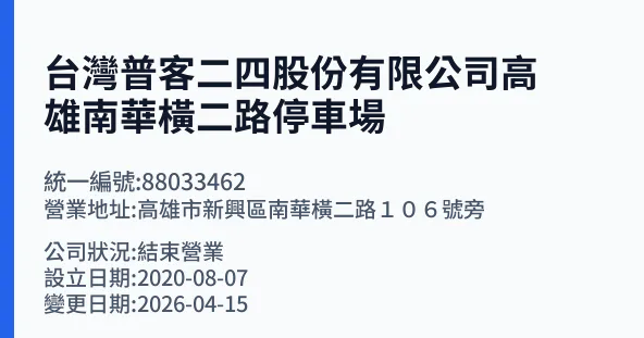 台灣普客二四股份有限公司高雄南華橫二路停車場的照片-統編 88033462(高雄市) 公司登記資料與營業項目詳細圖表