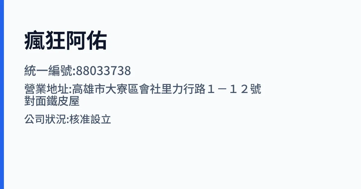 瘋狂阿佑 - 統編 88033738（高雄市） 公司登記資料與營業項目詳細圖表
