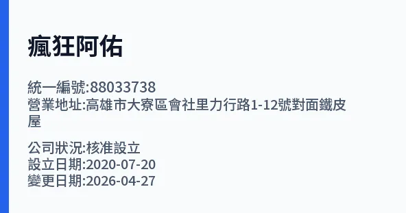 瘋狂阿佑的照片-統編 88033738(高雄市) 公司登記資料與營業項目詳細圖表