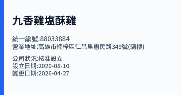 九香雞塩酥雞的照片-統編 88033884(高雄市) 公司登記資料與營業項目詳細圖表