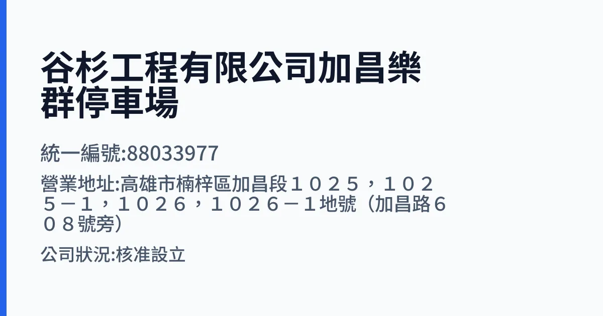 谷杉工程有限公司加昌樂群停車場 - 統編 88033977(高雄市) 公司登記資料與營業項目詳細圖表