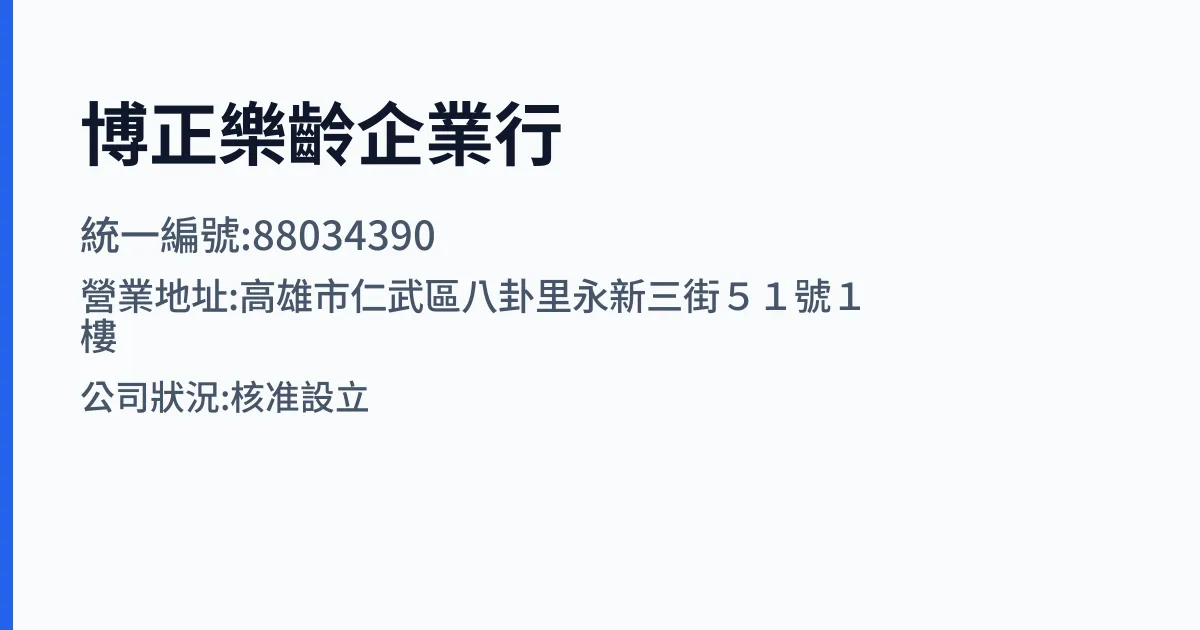 博正樂齡企業行 - 統編 88034390（高雄市） 公司登記資料與營業項目詳細圖表