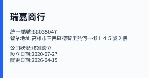 瑞嘉商行的照片-統編 88035047(高雄市) 公司登記資料與營業項目詳細圖表
