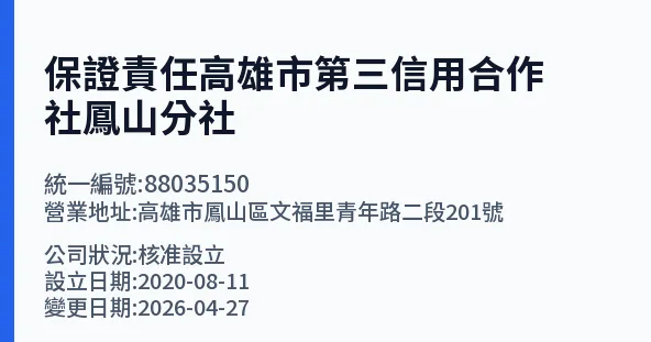 保證責任高雄市第三信用合作社鳳山分社的照片-統編 88035150(高雄市) 公司登記資料與營業項目詳細圖表
