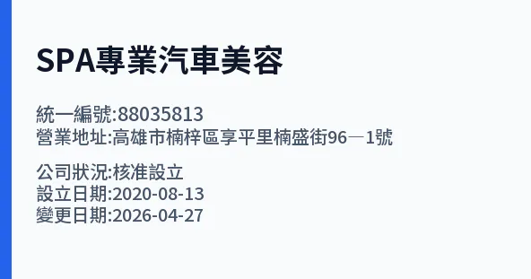 SPA專業汽車美容的照片-統編 88035813(高雄市) 公司登記資料與營業項目詳細圖表