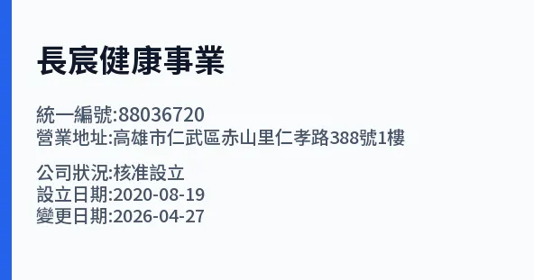 長宸健康事業的照片-統編 88036720(高雄市) 公司登記資料與營業項目詳細圖表