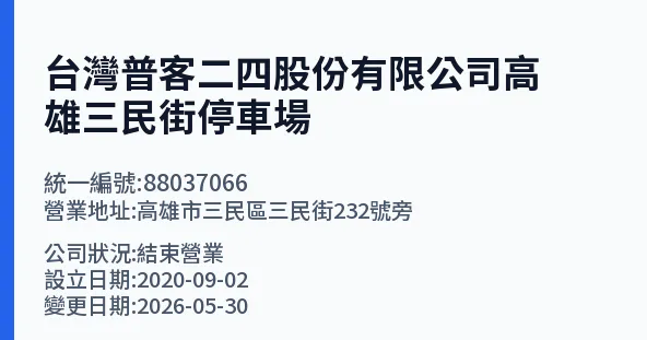 台灣普客二四股份有限公司高雄三民街停車場的照片-統編 88037066(高雄市) 公司登記資料與營業項目詳細圖表