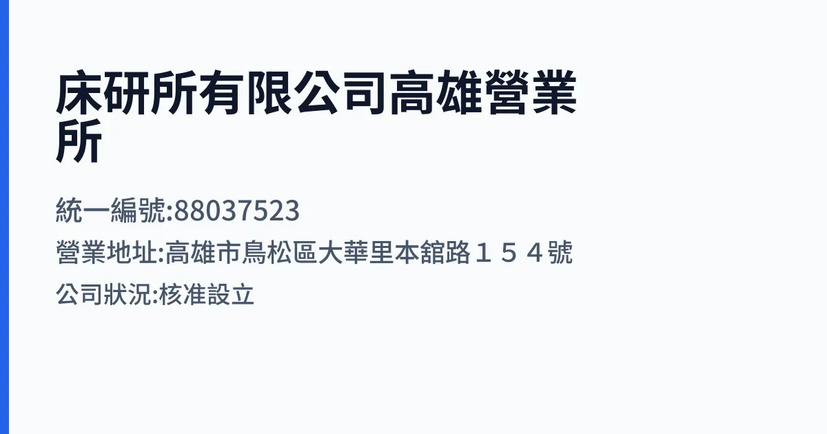 床研所有限公司高雄營業所 - 統編 88037523(高雄市) 公司登記資料與營業項目詳細圖表
