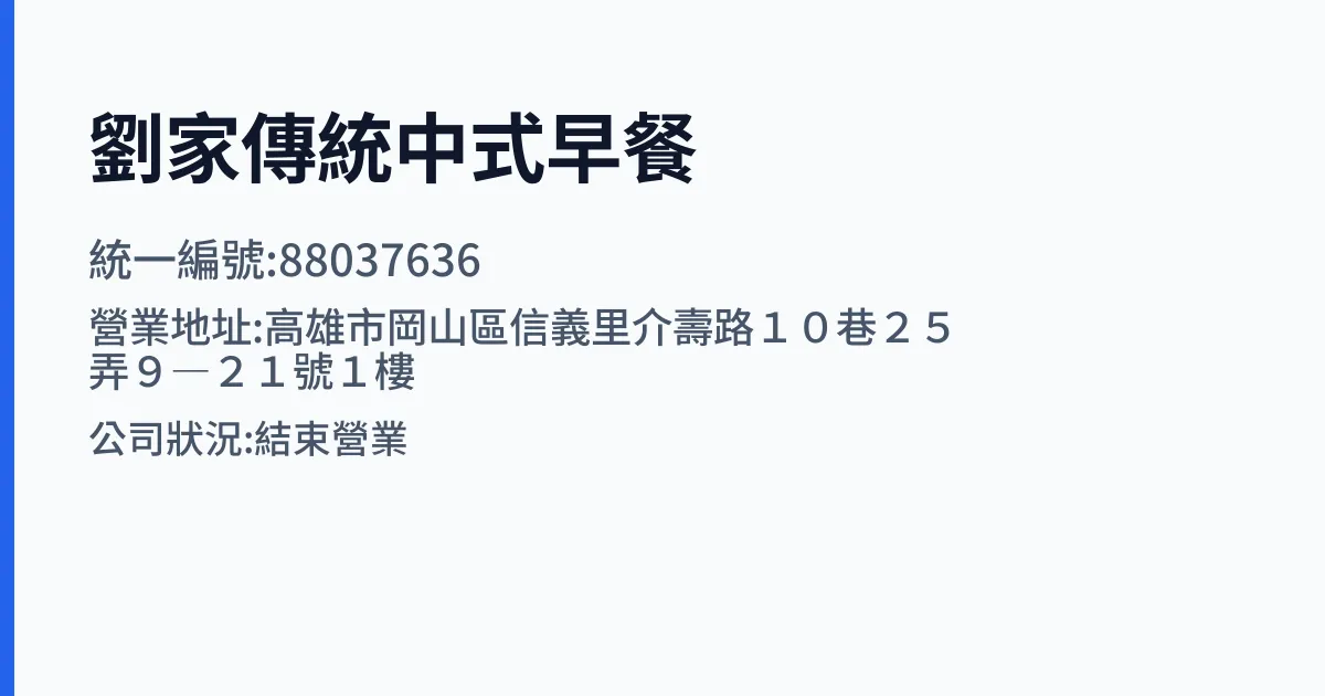 劉家傳統中式早餐 - 統編 88037636(高雄市) 公司登記資料與營業項目詳細圖表