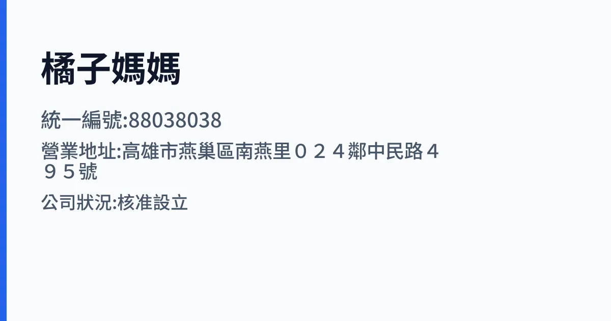 橘子媽媽 - 統編 88038038(高雄市) 公司登記資料與營業項目詳細圖表