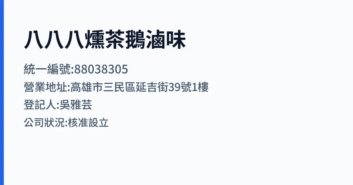 八八八燻茶鵝滷味 - 統編 88038305(高雄市) 公司登記資料與營業項目詳細圖表