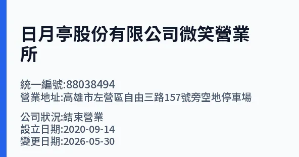 日月亭股份有限公司微笑營業所的照片-統編 88038494(高雄市) 公司登記資料與營業項目詳細圖表