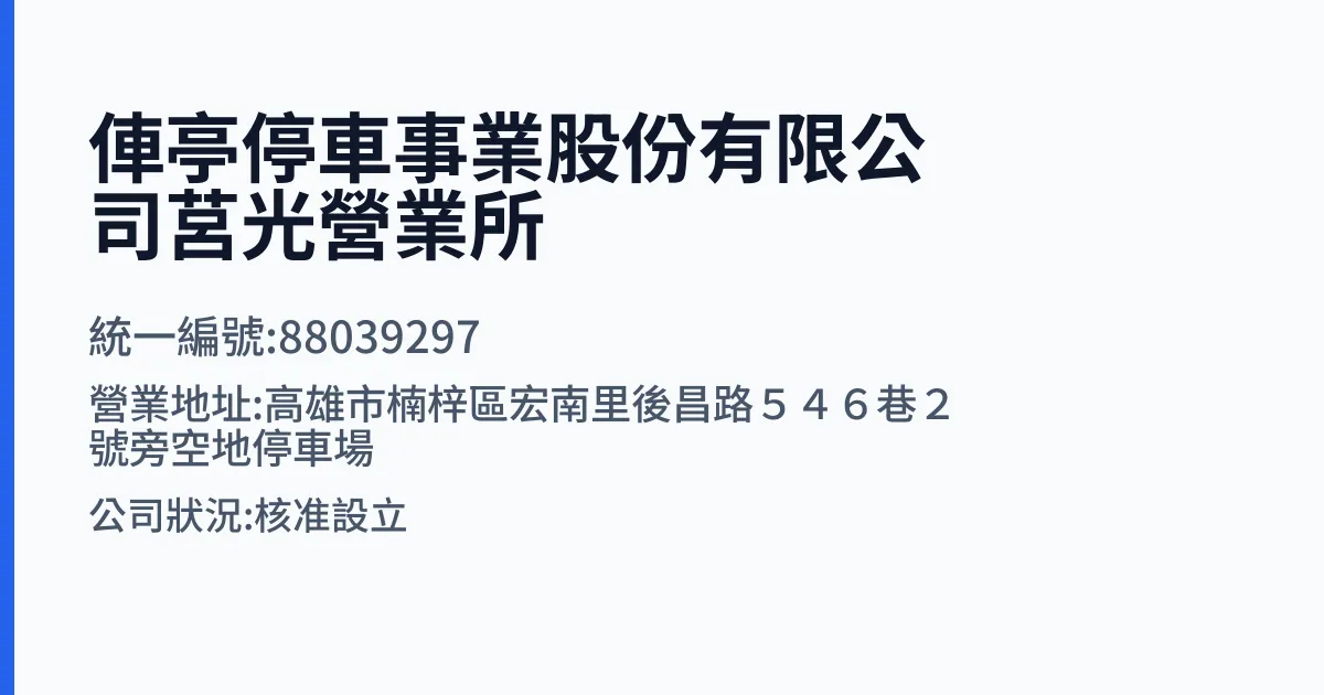俥亭停車事業股份有限公司莒光營業所 - 統編 88039297(高雄市) 公司登記資料與營業項目詳細圖表
