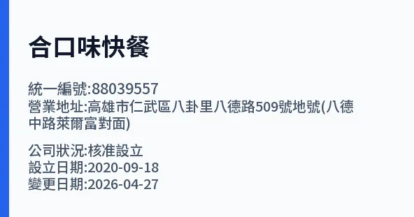 合口味快餐的照片-統編 88039557(高雄市) 公司登記資料與營業項目詳細圖表
