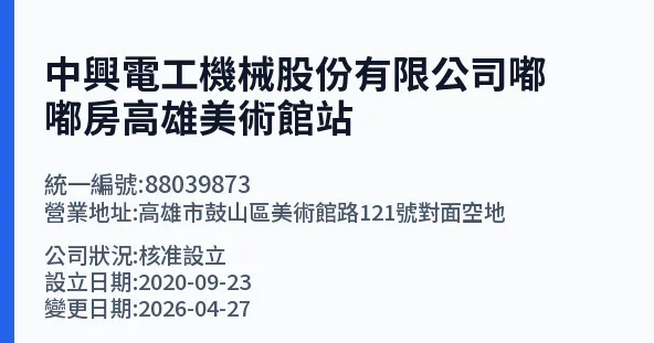 中興電工機械股份有限公司嘟嘟房高雄美術館站的照片-統編 88039873(高雄市) 公司登記資料與營業項目詳細圖表
