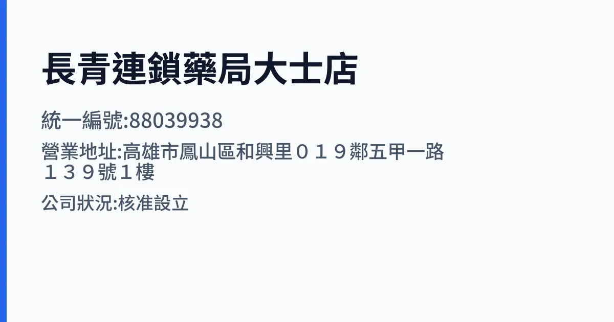 長青連鎖藥局大士店 - 統編 88039938(高雄市) 公司登記資料與營業項目詳細圖表