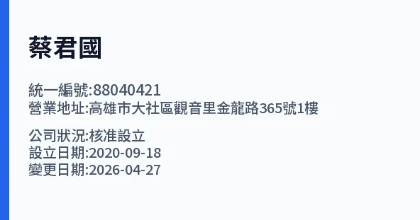 蔡君國的照片-統編 88040421(高雄市) 公司登記資料與營業項目詳細圖表