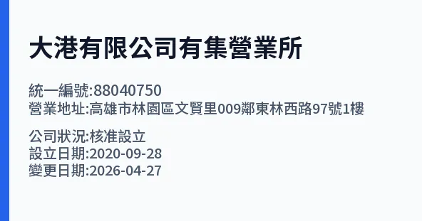 大港有限公司有集營業所的照片-統編 88040750(高雄市) 公司登記資料與營業項目詳細圖表
