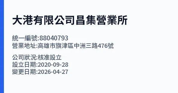 大港有限公司昌集營業所的照片-統編 88040793(高雄市) 公司登記資料與營業項目詳細圖表