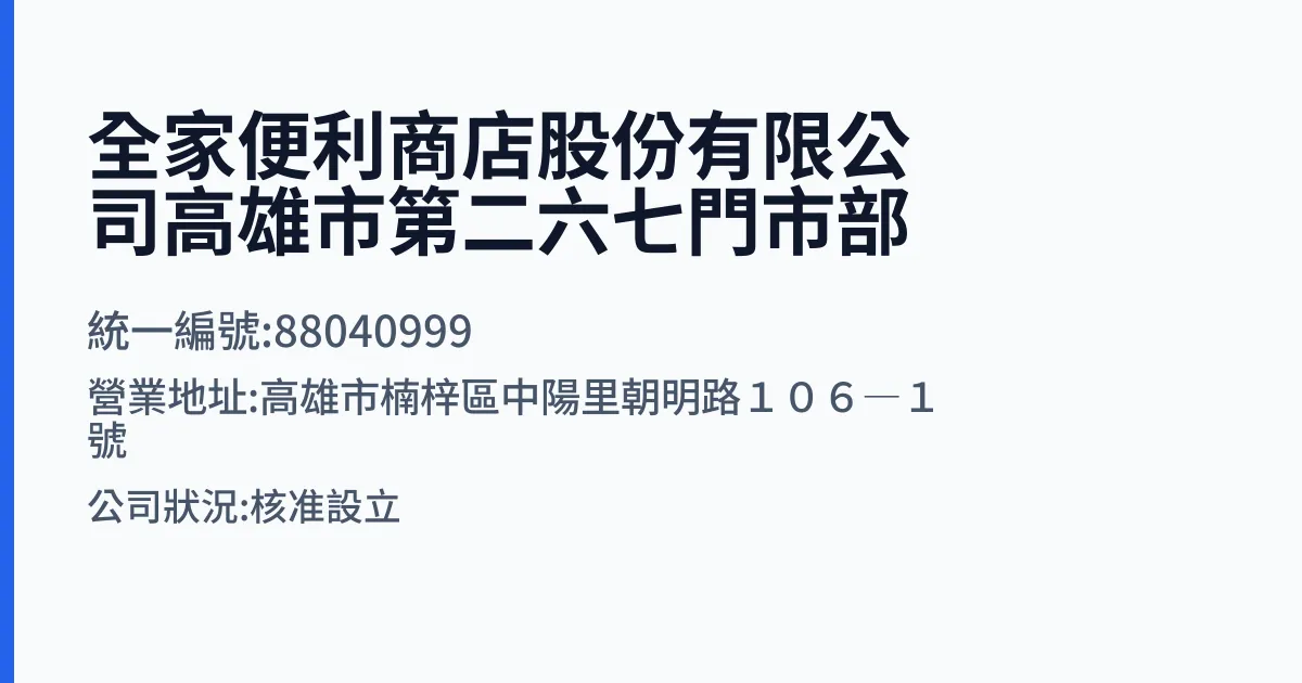 全家便利商店股份有限公司高雄市第二六七門市部 - 統編 88040999(高雄市) 公司登記資料與營業項目詳細圖表