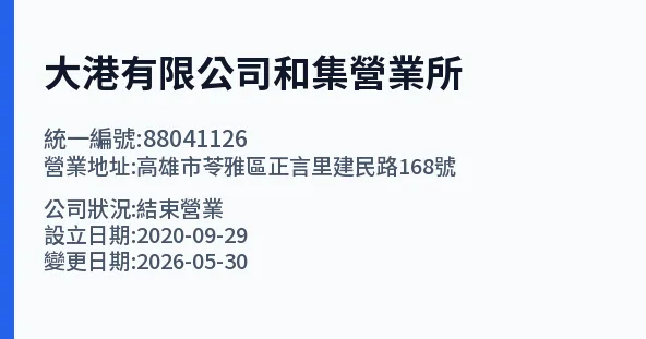 大港有限公司和集營業所的照片-統編 88041126(高雄市) 公司登記資料與營業項目詳細圖表