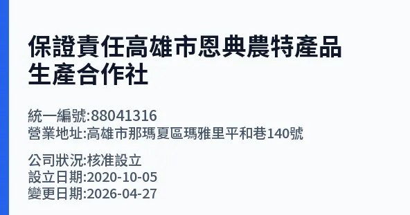 保證責任高雄市恩典農特產品生產合作社的照片-統編 88041316(高雄市) 公司登記資料與營業項目詳細圖表