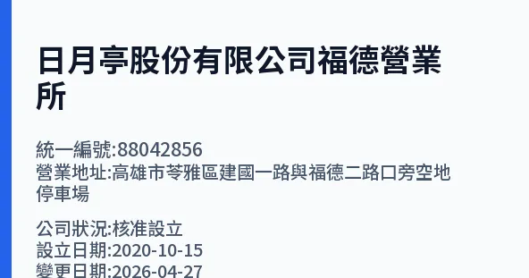 日月亭股份有限公司福德營業所的照片-統編 88042856(高雄市) 公司登記資料與營業項目詳細圖表