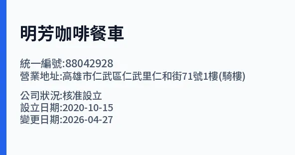 明芳咖啡餐車的照片-統編 88042928(高雄市) 公司登記資料與營業項目詳細圖表