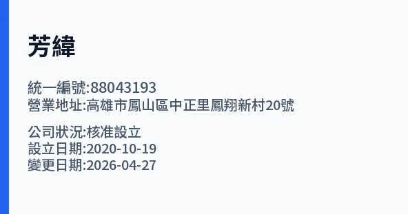 芳緯的照片-統編 88043193(高雄市) 公司登記資料與營業項目詳細圖表
