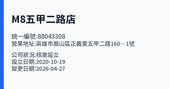 M8五甲二路店的照片-統編 88043308(高雄市) 公司登記資料與營業項目詳細圖表