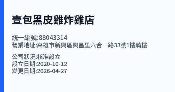 壹包黑皮雞炸雞店的照片-統編 88043314(高雄市) 公司登記資料與營業項目詳細圖表