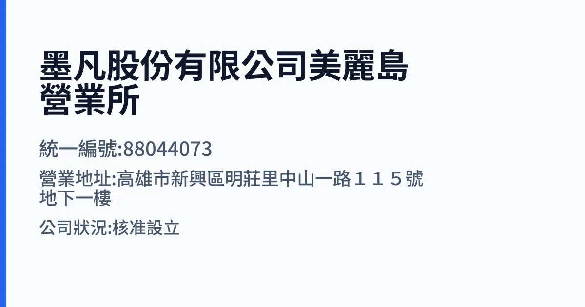 墨凡股份有限公司美麗島營業所 - 統編 88044073（高雄市） 公司登記資料與營業項目詳細圖表