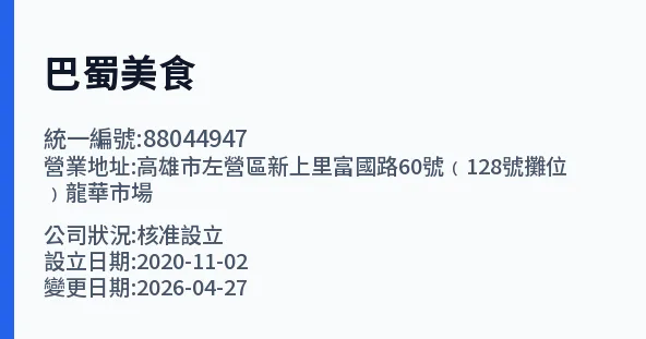 巴蜀美食的照片-統編 88044947(高雄市) 公司登記資料與營業項目詳細圖表