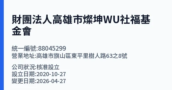 財團法人高雄市燦坤WU社福基金會的照片-統編 88045299(高雄市) 公司登記資料與營業項目詳細圖表