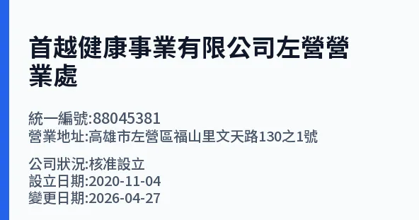 首越健康事業有限公司左營營業處的照片-統編 88045381(高雄市) 公司登記資料與營業項目詳細圖表