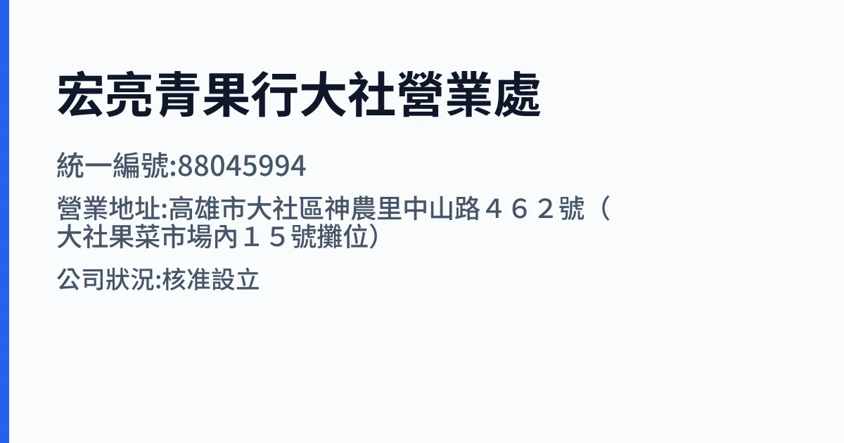 宏亮青果行大社營業處 - 統編 88045994(高雄市) 公司登記資料與營業項目詳細圖表