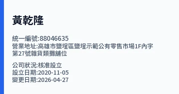 黃乾隆的照片-統編 88046635(高雄市) 公司登記資料與營業項目詳細圖表