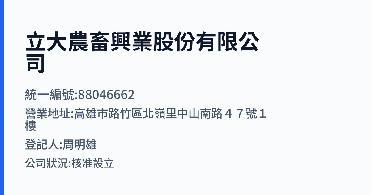 立大農畜興業股份有限公司 - 統編 88046662(高雄市) 公司登記資料與營業項目詳細圖表