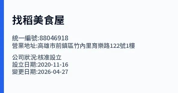 找稻美食屋的照片-統編 88046918(高雄市) 公司登記資料與營業項目詳細圖表