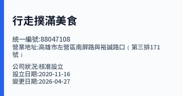 行走撲滿美食的照片-統編 88047108(高雄市) 公司登記資料與營業項目詳細圖表