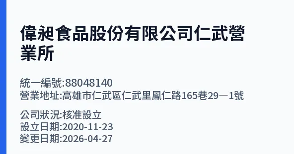 偉昶食品股份有限公司仁武營業所的照片-統編 88048140(高雄市) 公司登記資料與營業項目詳細圖表
