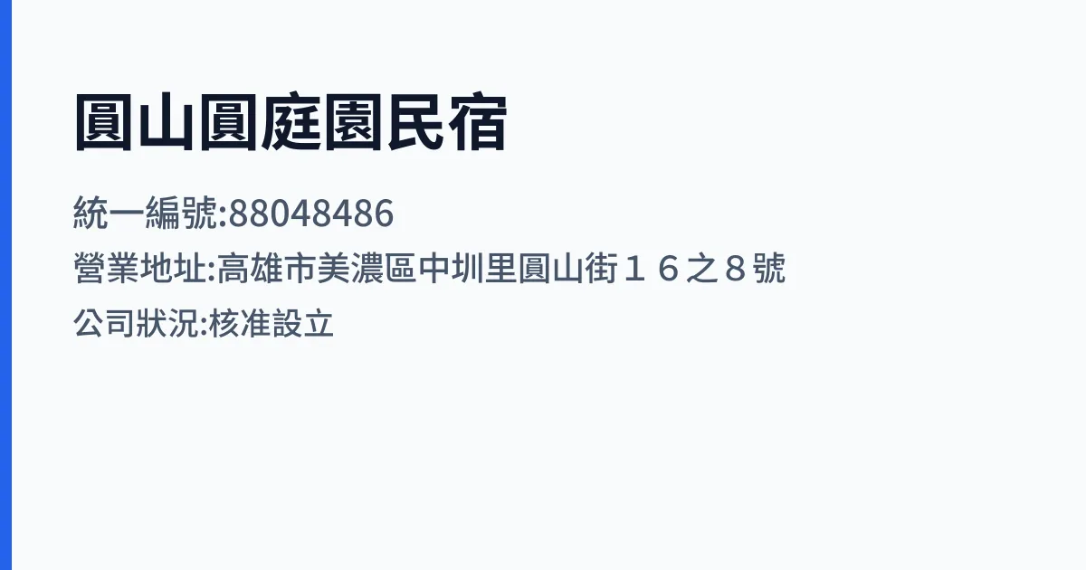 圓山圓庭園民宿 - 統編 88048486(高雄市) 公司登記資料與營業項目詳細圖表